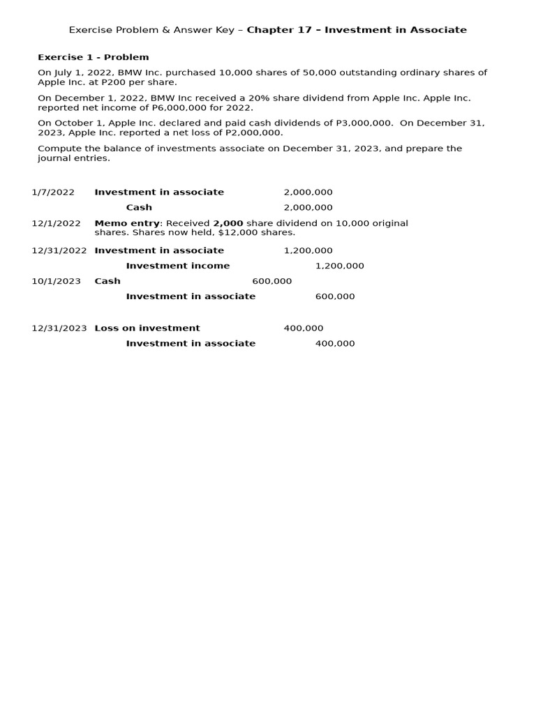 Investment in ASSOCIATE - Answer Key | PDF | Investing | Dividend