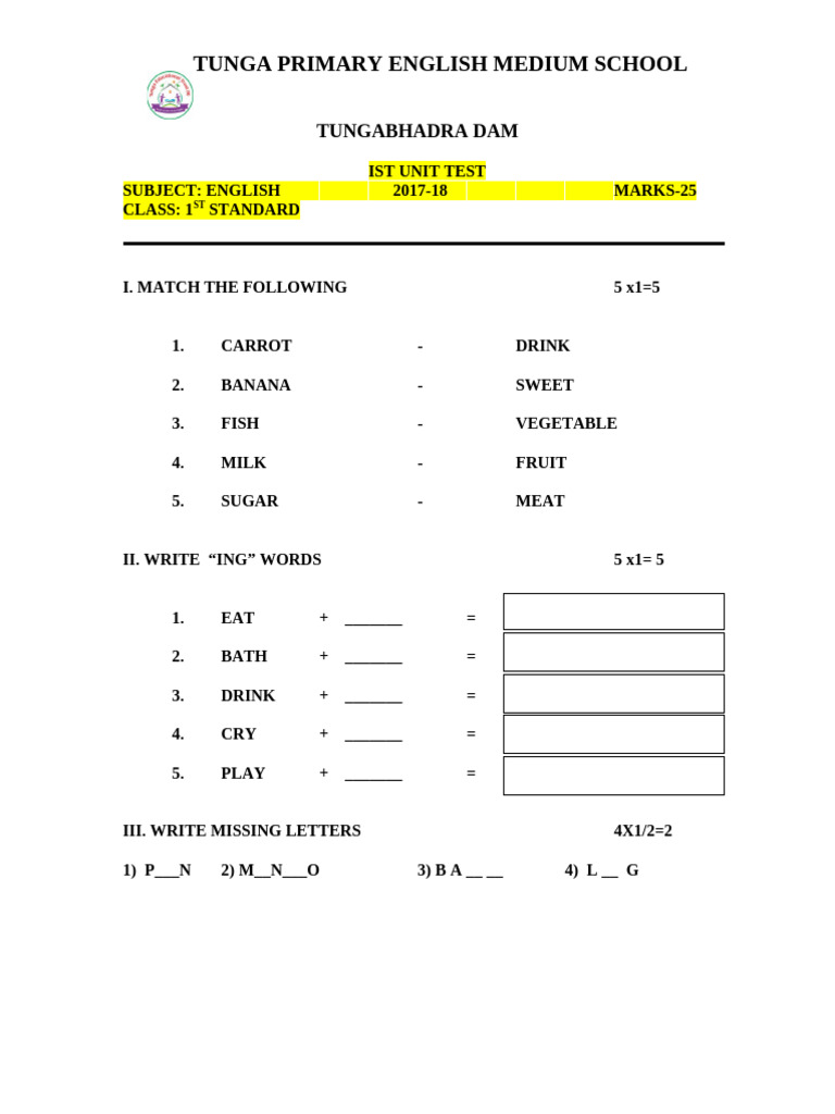 Ist Unit Test-first Std | PDF | Foods