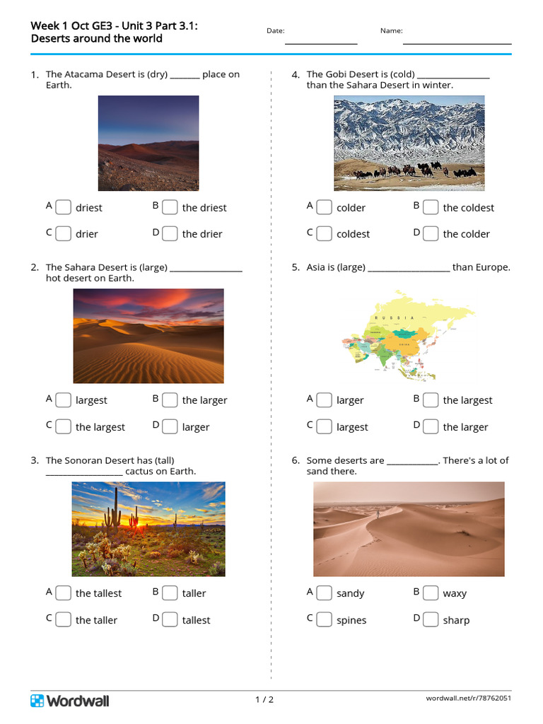Week 1 Oct Ge3 Unit 3 Part 31 Deserts Around The World Quiz | PDF ...