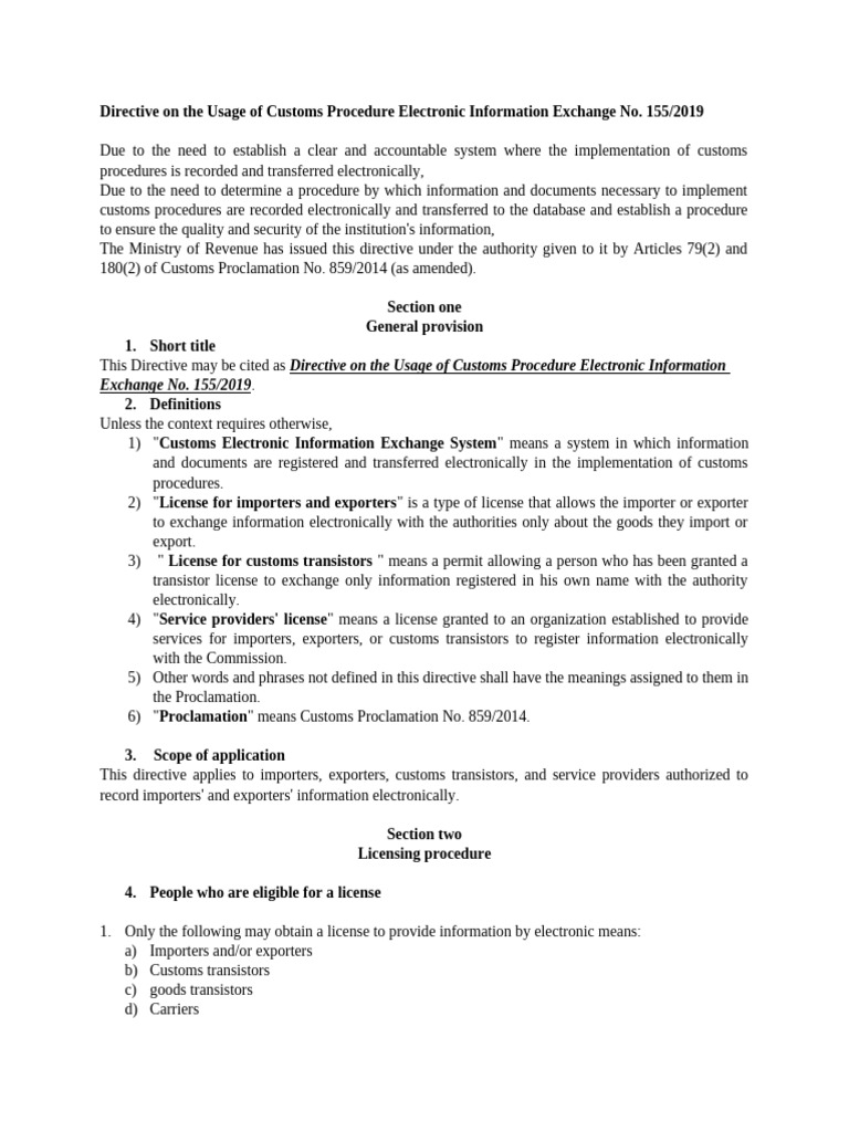 26 Directive No 155 2019 On The Usage of Customs Procedure Electronic ...