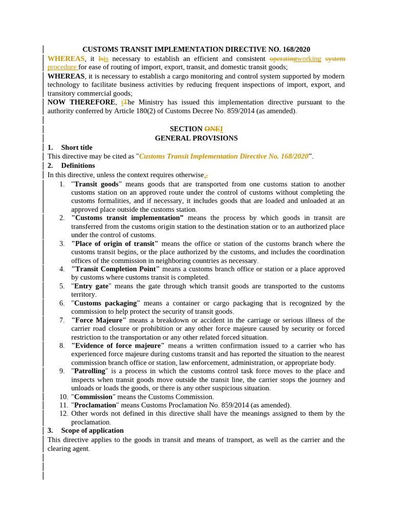 Customs Transit Directive No. 168/2020 | PDF | Customs | Cargo
