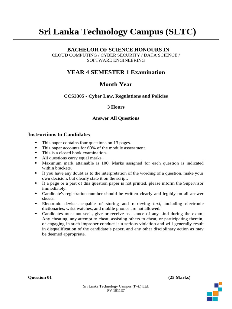 Cyber Law Exam Paper - SLTC Year 4 | PDF | Information Security | Computing
