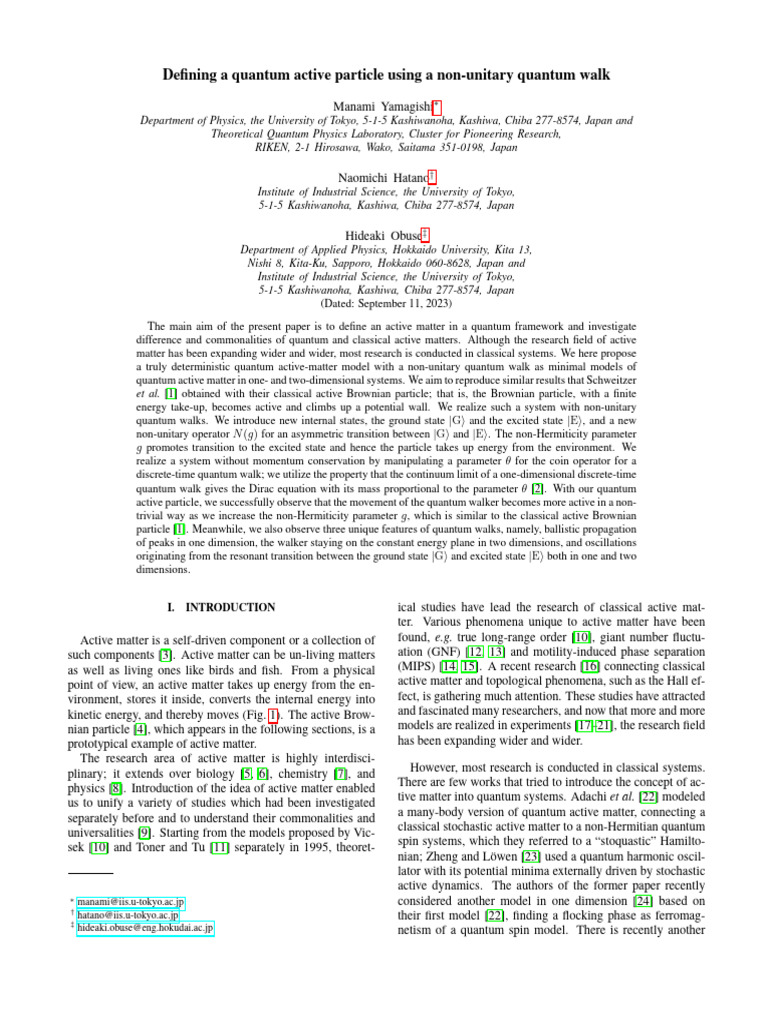 Quantum Active Matter via Non-Unitary Walks | PDF | Hamiltonian ...