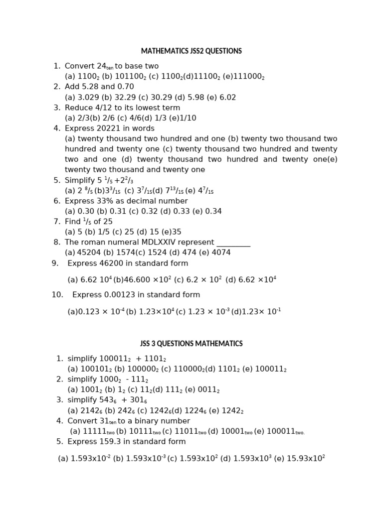 JSS2 Mathematics Exam Questions | PDF | Mathematics | Arithmetic