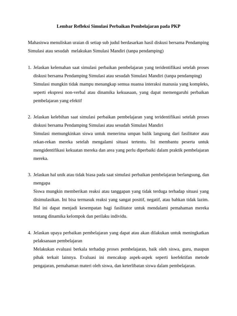 Lembar Refleksi Simulasi Perbaikan Pembelajaran Pkp Fitri Yani Pdf