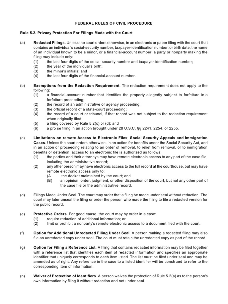 Federal Rule of Civil Procedure 5.2 | PDF | Pro Se Legal Representation ...