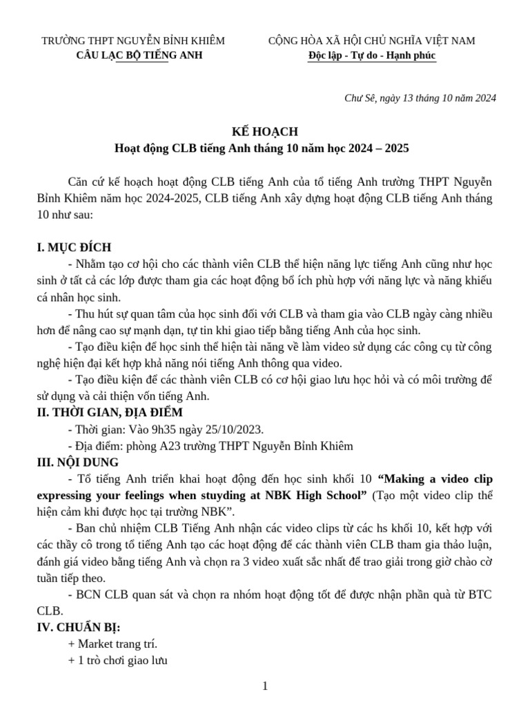 KH-CLB-THÁNG-10-2024-2025-1 | PDF