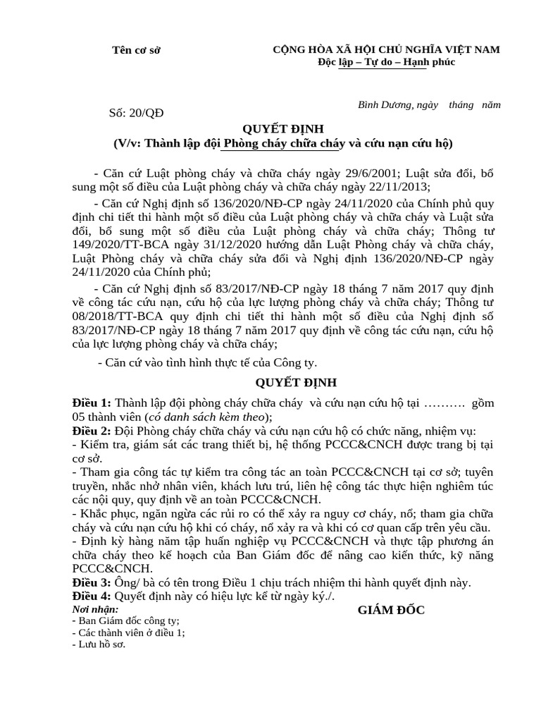 Quyet Dinh Thanh Lap Doi PCCC (Thietbipcccbinhduong - Com) | PDF