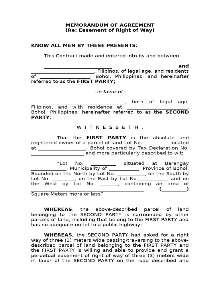 Right of Way Easement Agreement Sample | PDF | Land Lot | Civil Law ...
