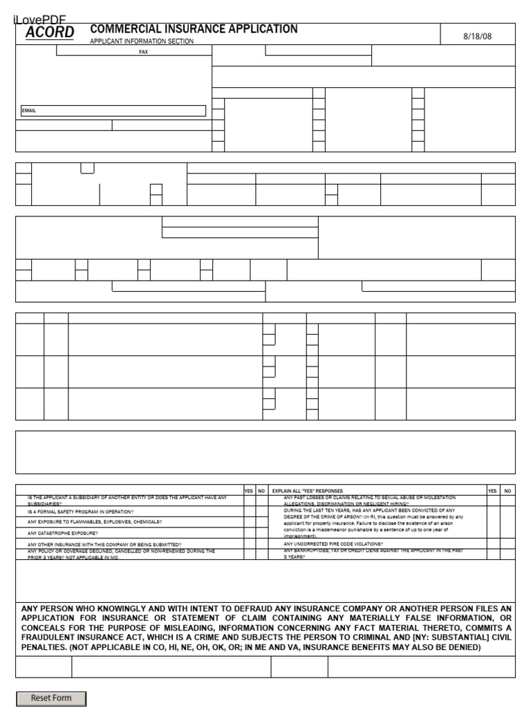 ACORD 125 Commercial Stamped | PDF | Insurance | Arson