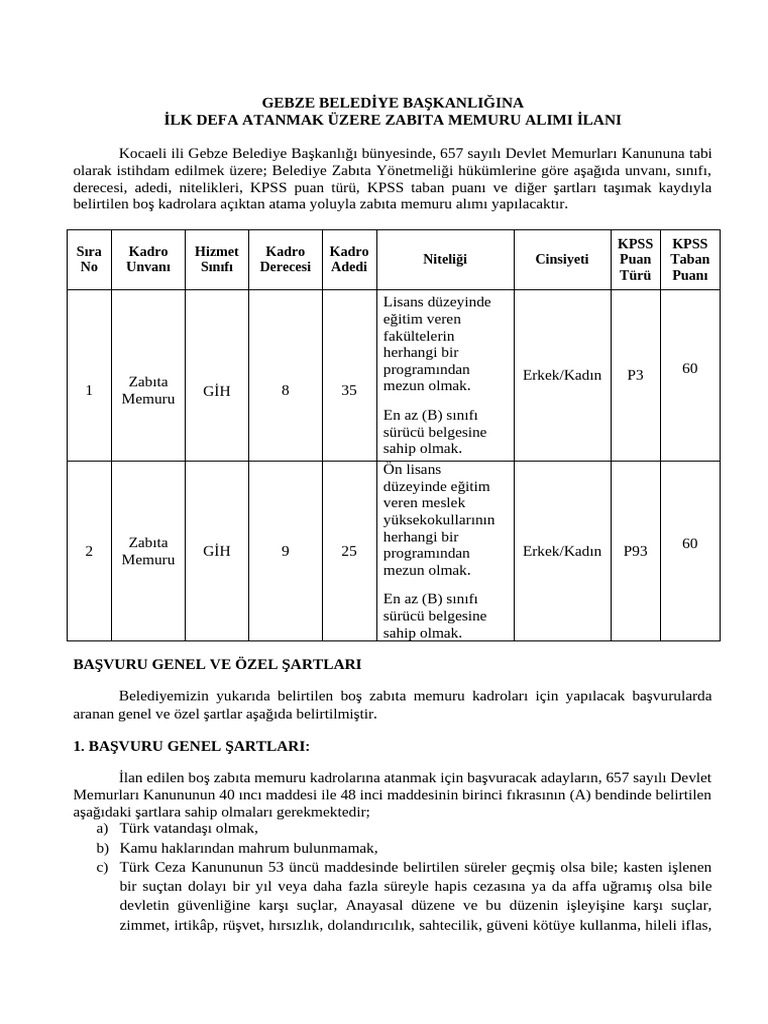 Gebze Beled Yes Zabita Memuru Alim Ilani 20241018110712 | PDF