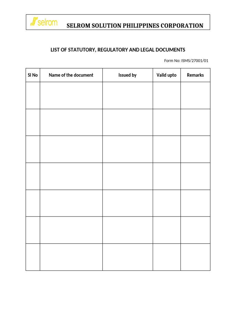 ISMS 27001 - 01 LIST OF STATUTORY & LEGAL DOCUMENTS | PDF
