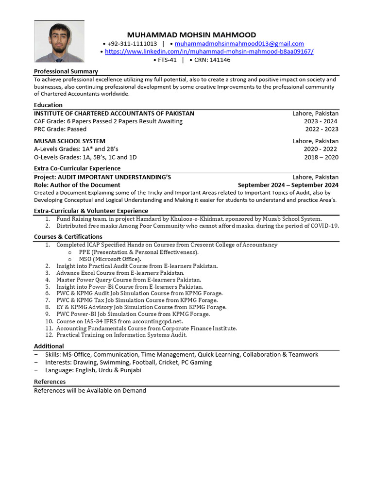 Muhammad Mohsin Mahmood-141146-Resume-2.0 | PDF | Accounting