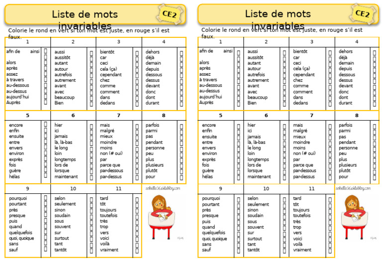 Liste de mots invariables CE2 | PDF
