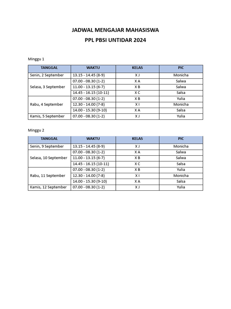 Jadwal Mengajar PPL | PDF