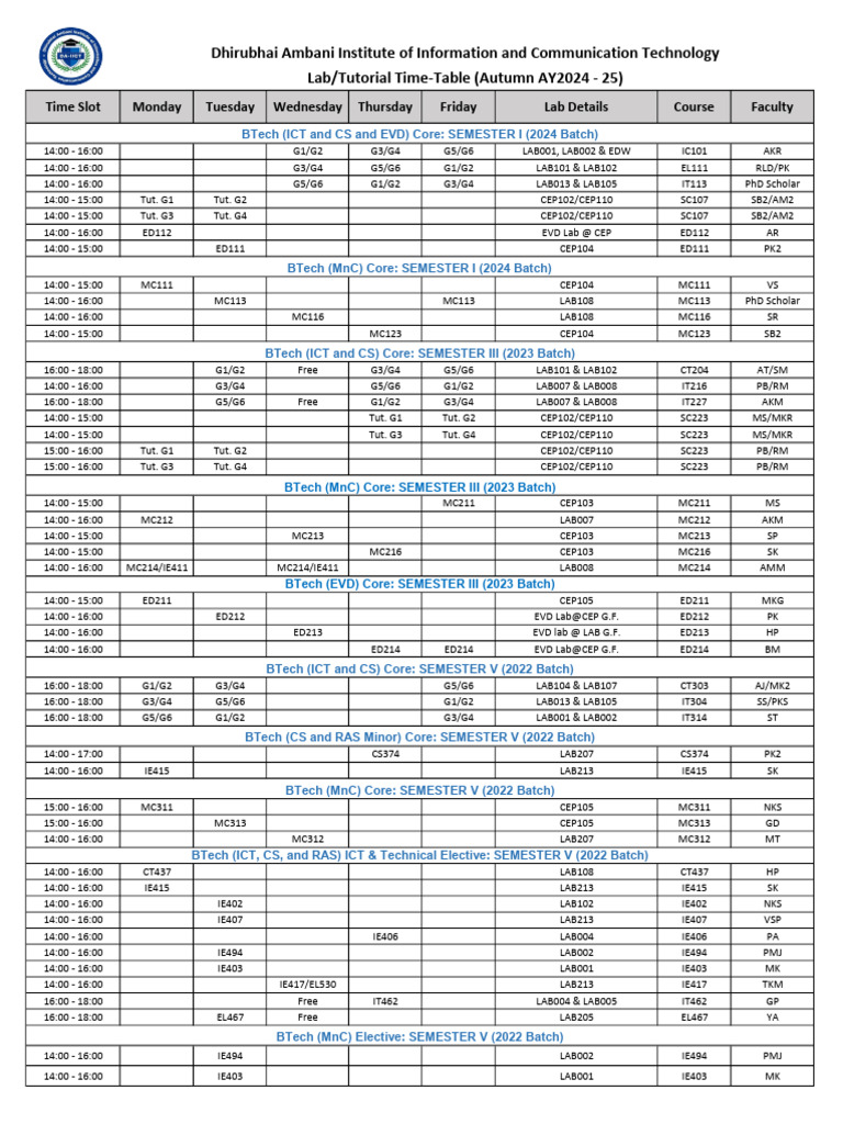 Lab Tutorial Time Table Aut AY2024 25 v02 | PDF
