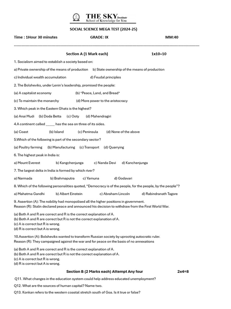 Social Science Mega Test for Grade IX | PDF | Anti Capitalism ...
