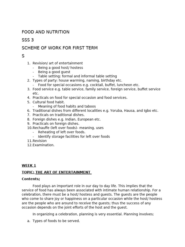SS3 Food & Nutrition First Term Plan | PDF | Tableware | Lunch