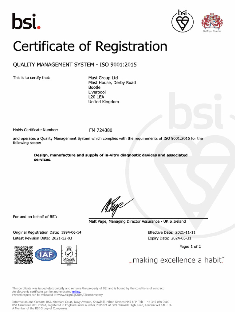 Bsi Iso 9001 2015 Certificate Mast 112021 052024 | PDF