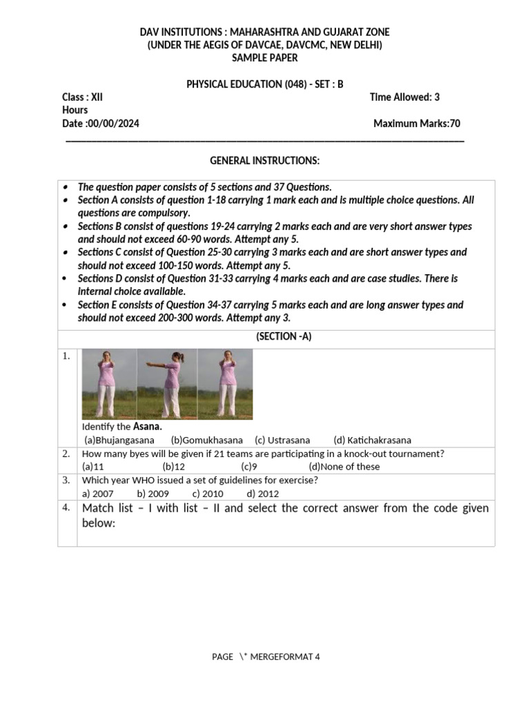 DAV Class XII Physical Education Sample Paper | PDF | Nutrition | Diet ...