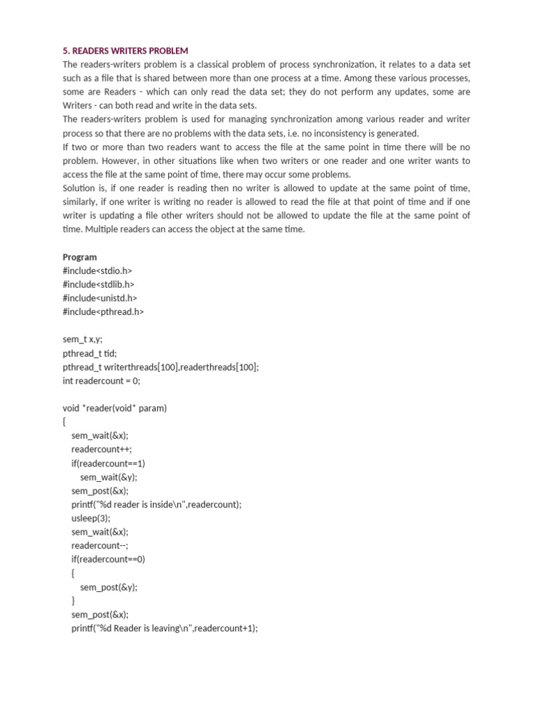 Ex 5 Reader Writer Problem | PDF | Computer Programming | Computing