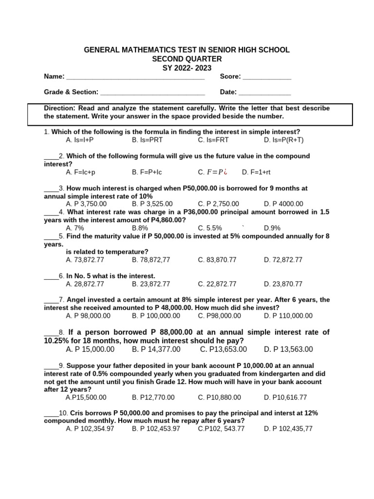 General Mathematics Test in Senior High School | PDF | Bonds (Finance ...