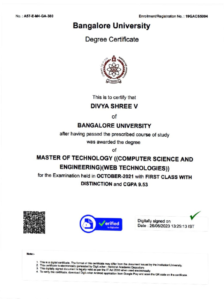 BE Degree Certificate and Mtech Degree Certificate | PDF