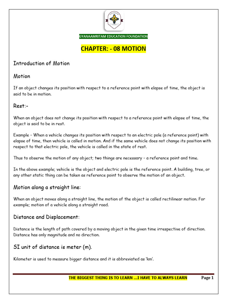 9TH Class Science Chapter 08 - Motion | PDF | Velocity | Acceleration