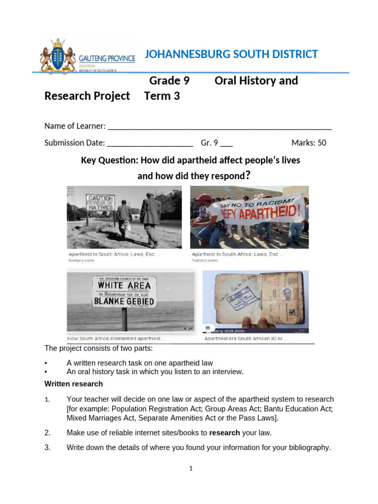 Grade 9 Oral History Project on Apartheid | PDF | Interview | Job Interview