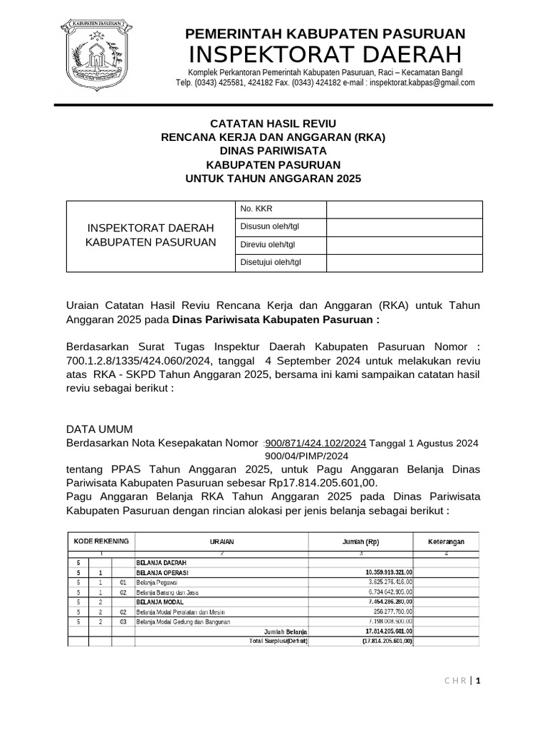 CHR Rka 2025 - Dinas Pariwisata | PDF