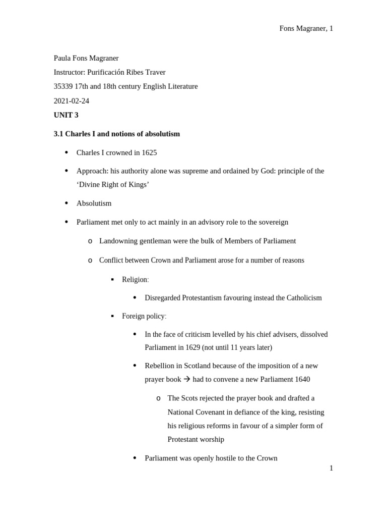 UNIT 3 OUTLINE | PDF | English Civil War | Oliver Cromwell