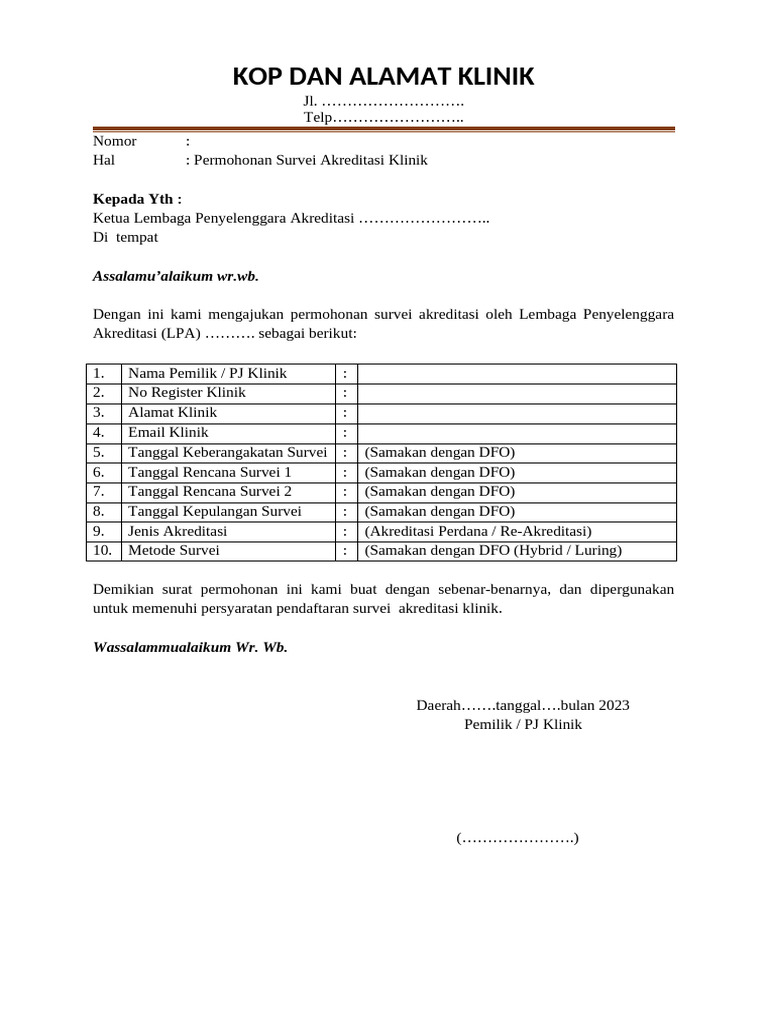 Contoh Surat Permohonan Survei Akreditasi Klinik | PDF | Pengelolaan ... Contoh Surat Permohonan Survei Akreditasi Klinik | PDF | Pengelolaan ...