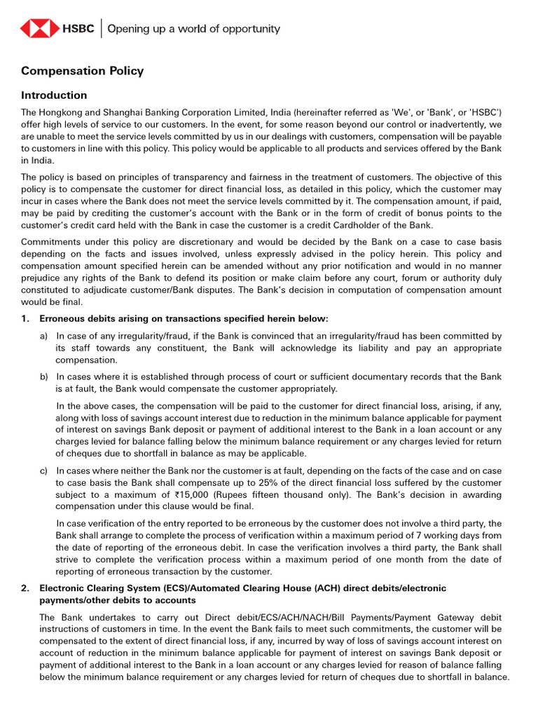 HSBC India Compensation Policy Overview | PDF | Cheque | Banks