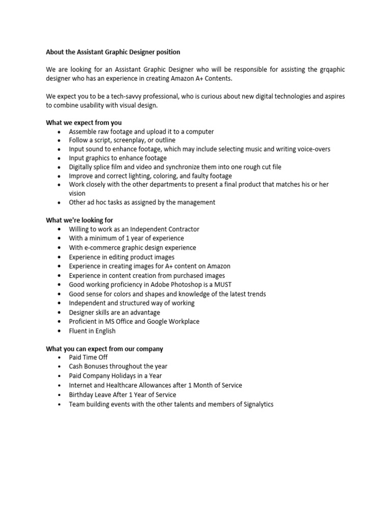 JD - Assistant Graphic Designer | PDF