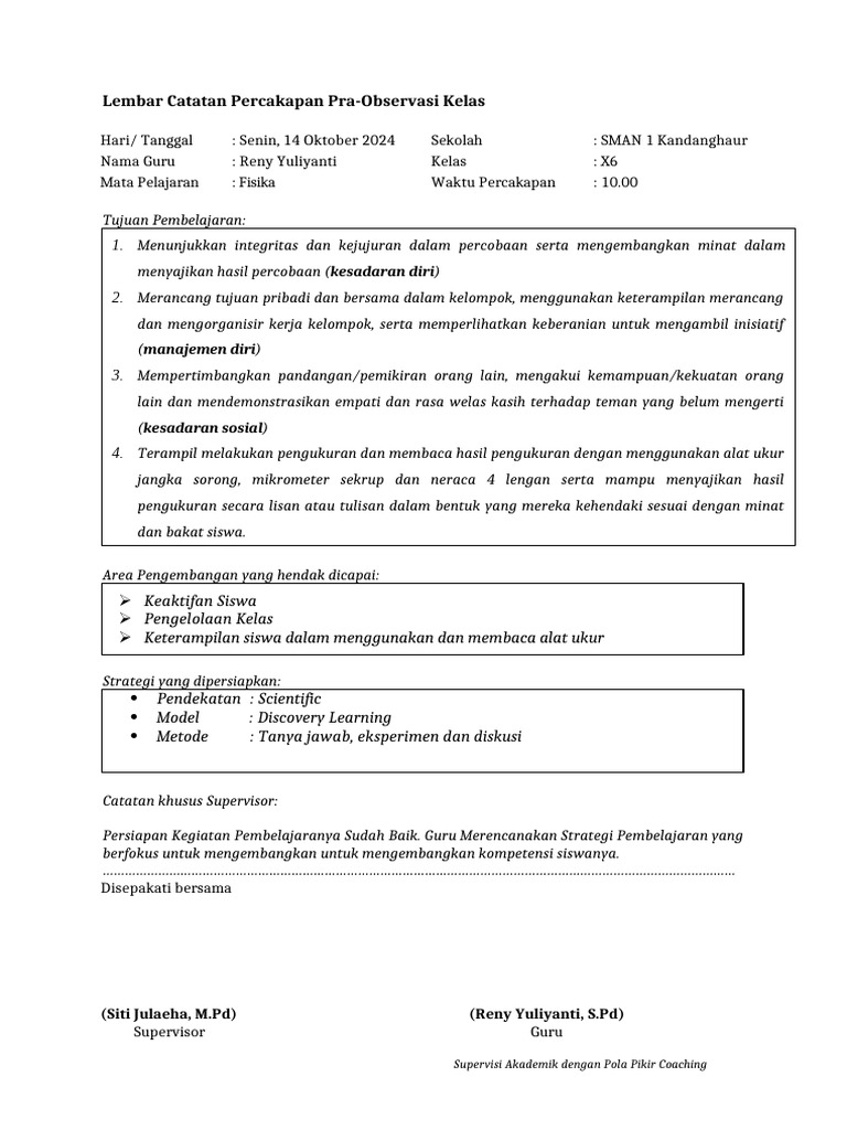 Lembar Pra-Observasi Kelas - Reny Yuliyanti | PDF