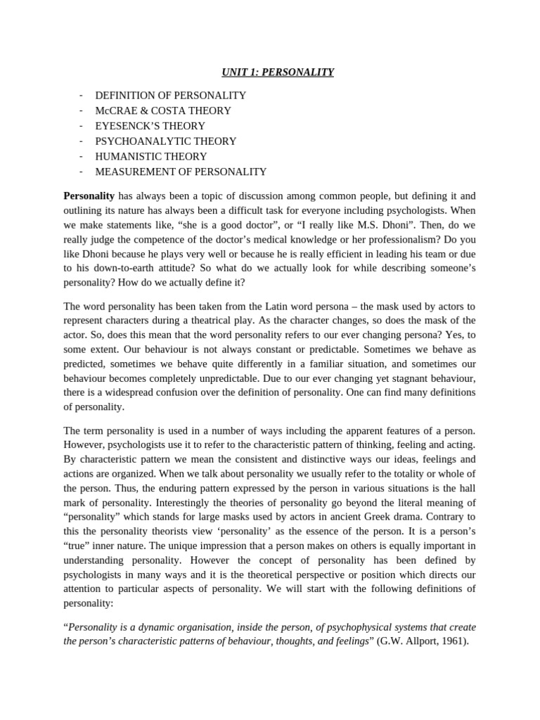 Sem 2 UNIT 1 Personality | PDF | Id | Extraversion And Introversion