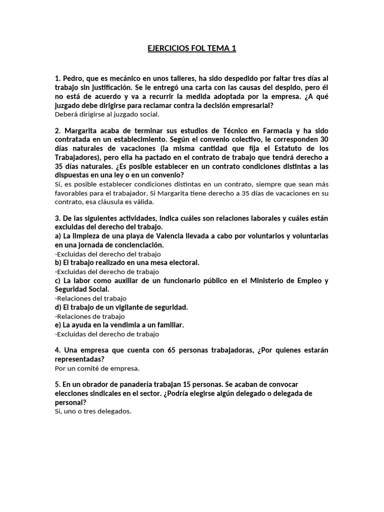 Ejercicios Fol Tema 1 | PDF | Derecho laboral | Negociación