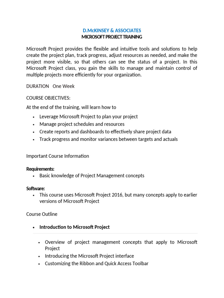 Microsoft Project Training Course Overview | PDF | Project Management ...