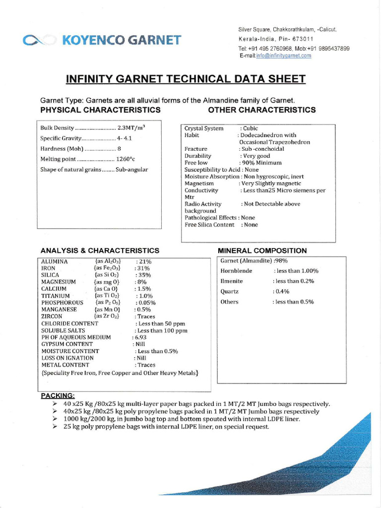 Garnet MSDS | PDF | Titanium | Silicon Dioxide