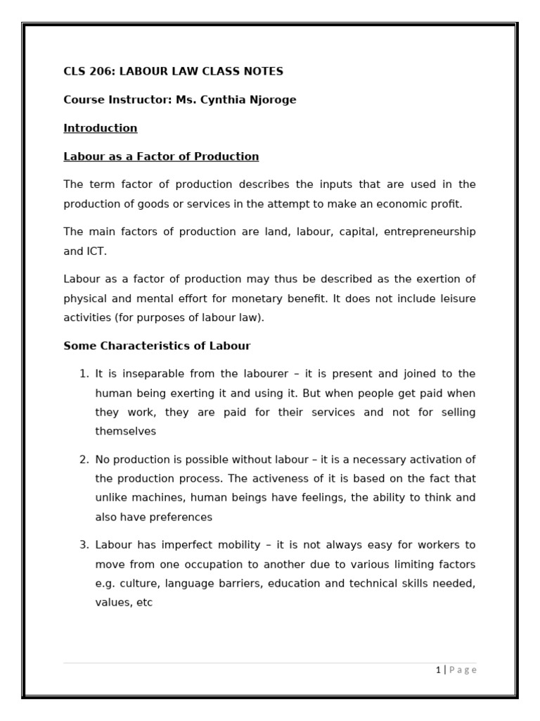 LABOUR LAW CLASS NOTES Updated | PDF | Labour Economics | Employment