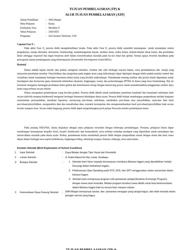 Tujuan Pembelajaran Kimia SMA Margie | PDF