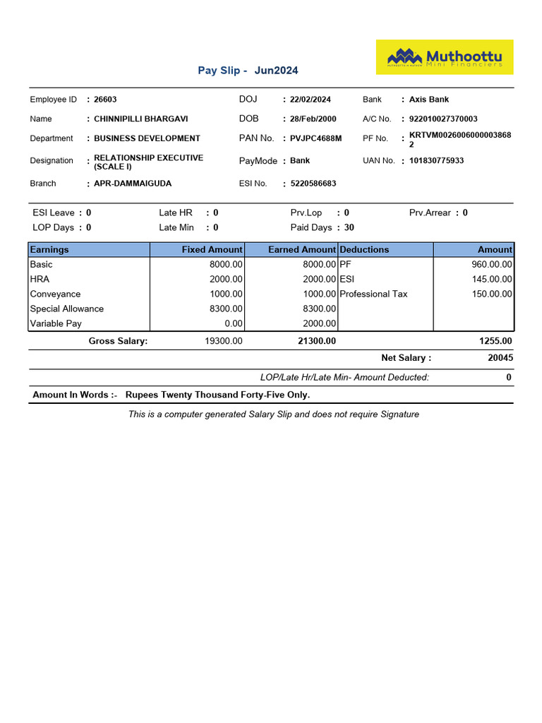 Bhargavi Payslip Jun | PDF