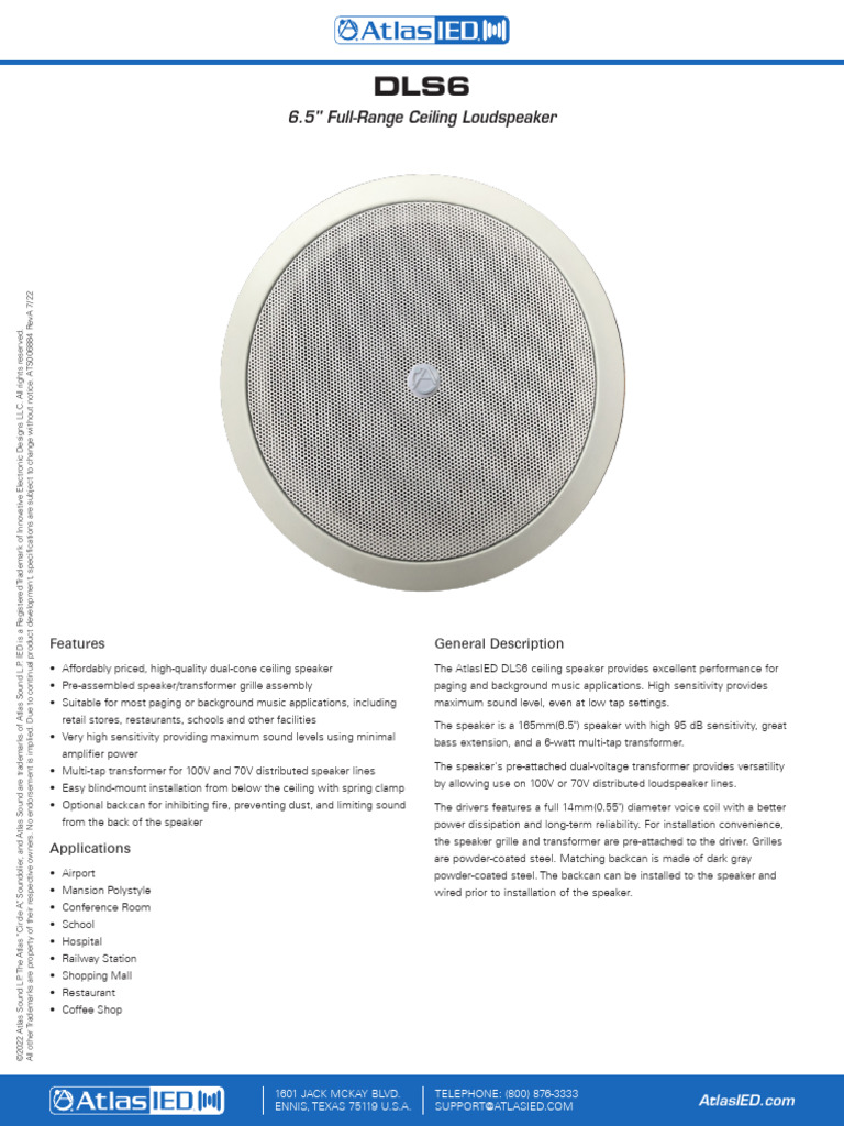 ATS006884A DLS6 Ceiling Speaker Datasheet | PDF | Loudspeaker | Transformer