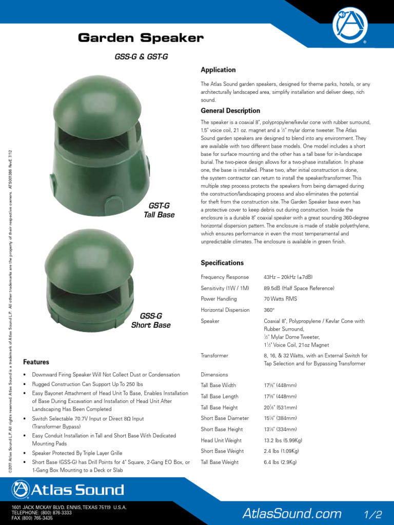 ATS001386E GSS G GST G Garden Speaker Datasheet | PDF | Loudspeaker ...