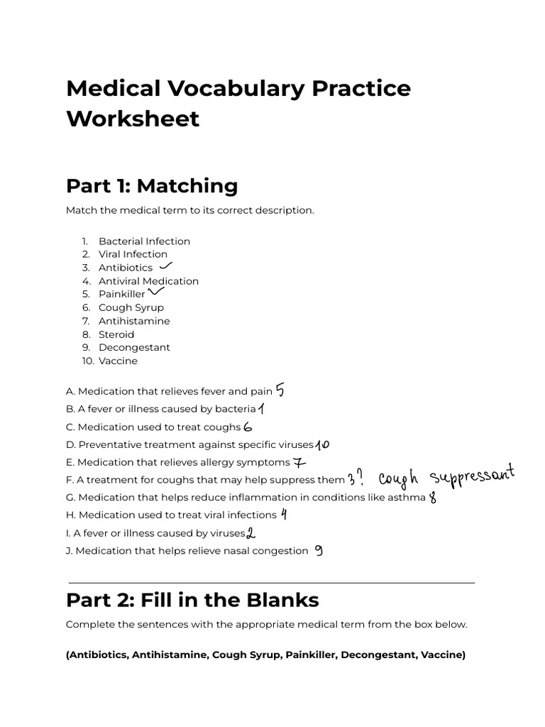 Medical Vocabulary Practice | PDF | Cough | Respiratory Diseases