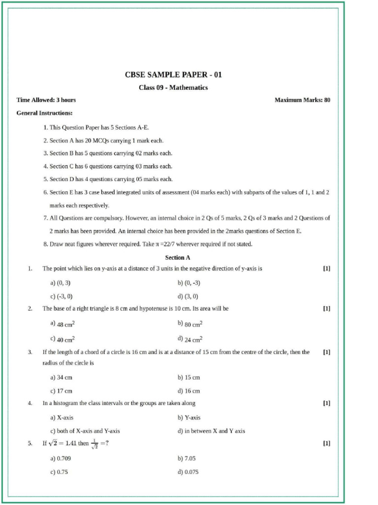 Class 9 Maths Sample Paper 1 | PDF