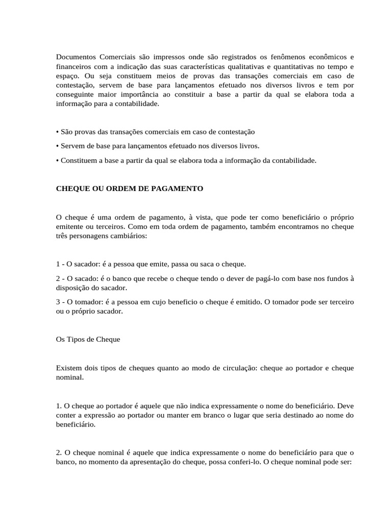 Alguns Documentos Comerciais | PDF | Cheque (banco) | Nota promissória ...