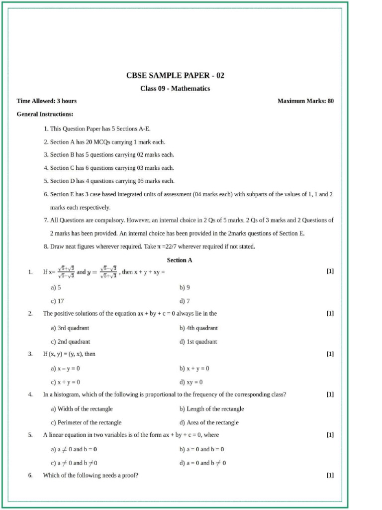 Class 9 Maths Sample Paper 2 | PDF