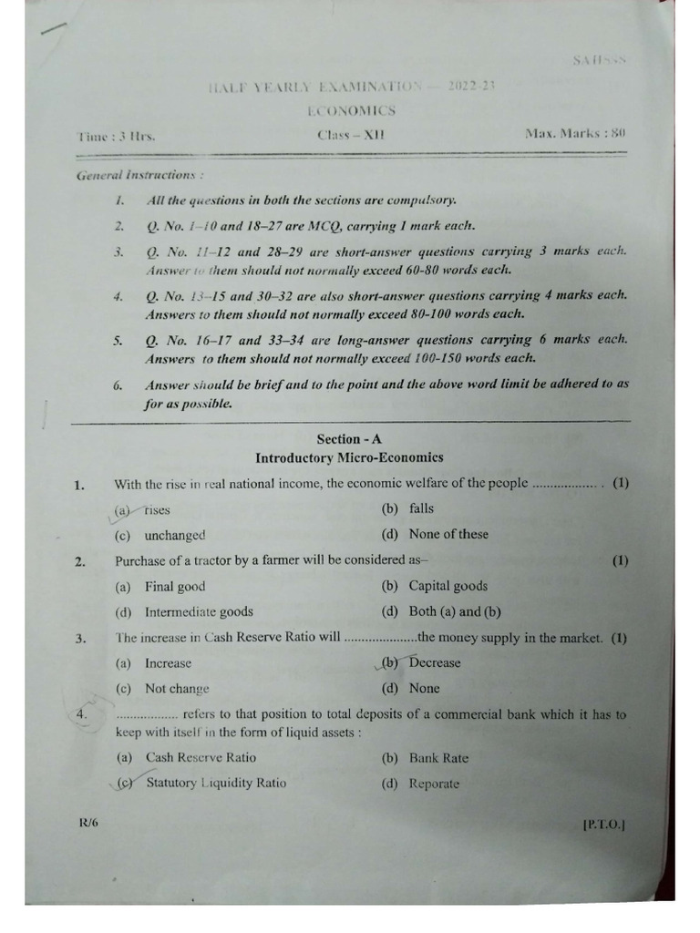 Economic PYQ Paper of Exam Class 12 | PDF