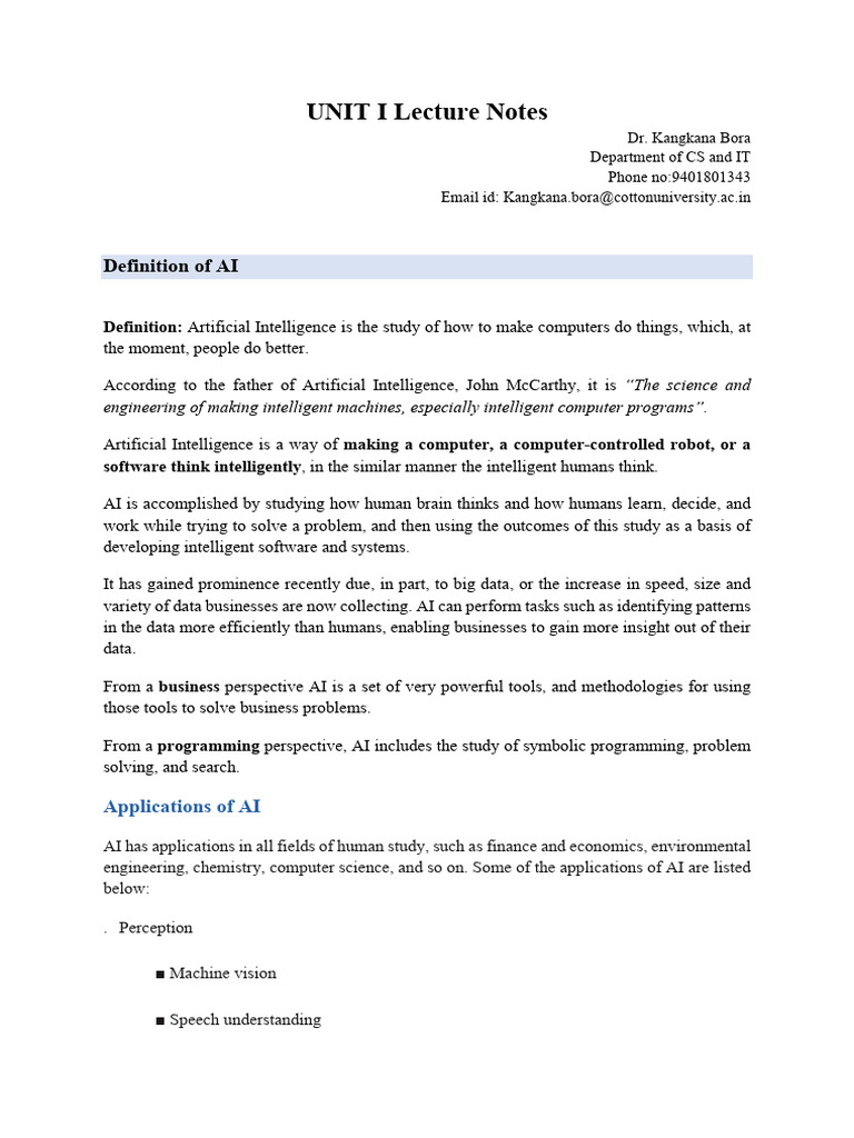 1 AI UNIT I Lecture Notes | PDF | Artificial Intelligence ...